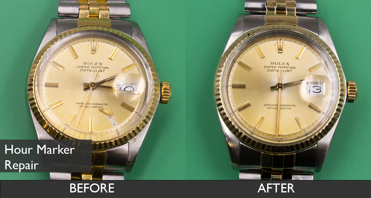 Before and After Hour Mark Repair for Rolex 16233 Datejust 18k Yellow ...